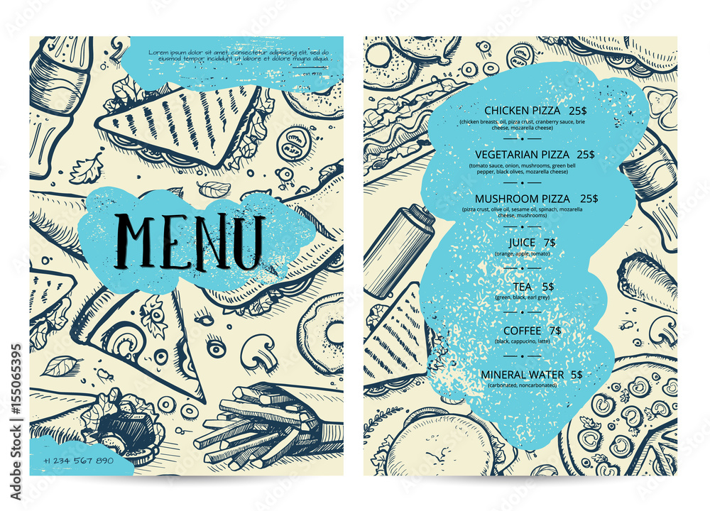 Restaurant and cafe food menu design. Hand drawn price catalog, junk ...