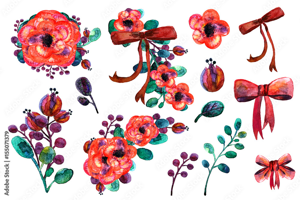 Watercolor colored bow and flower red green doodle on white background ...