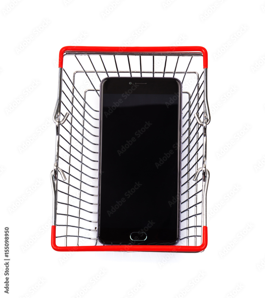 Black cell phone with blank screen in metal basket Stock Photo | Adobe ...