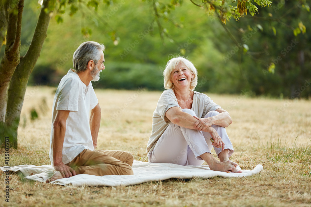 Happy senior citizens flirting in the park Stock Photo | Adobe Stock