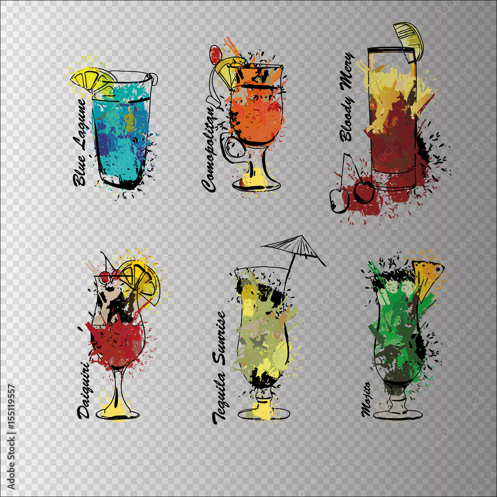 Cocktail set on transparent background. Template for cocktail menu ...