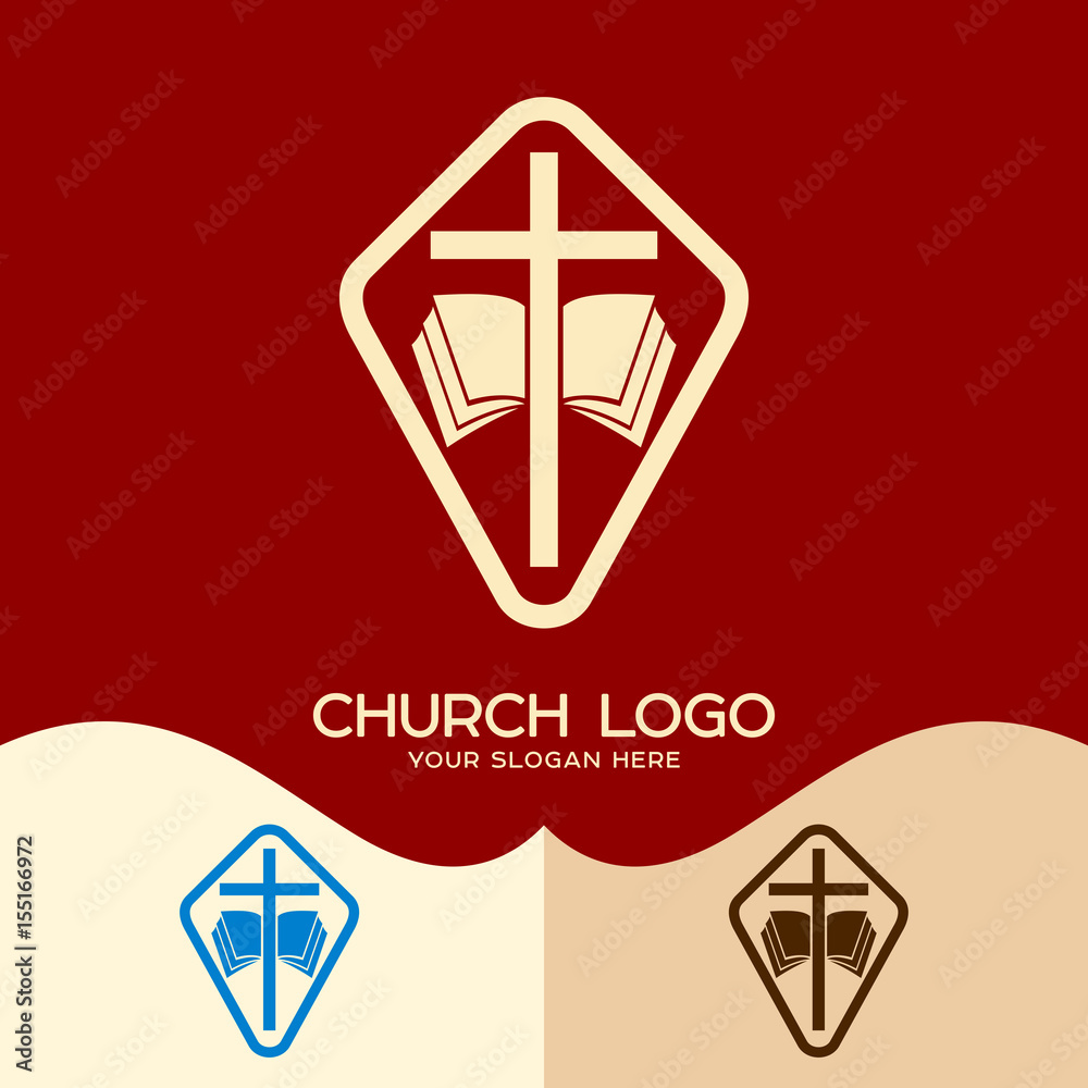 Church logo. Cristian symbols. The cross of Jesus and the open bible ...