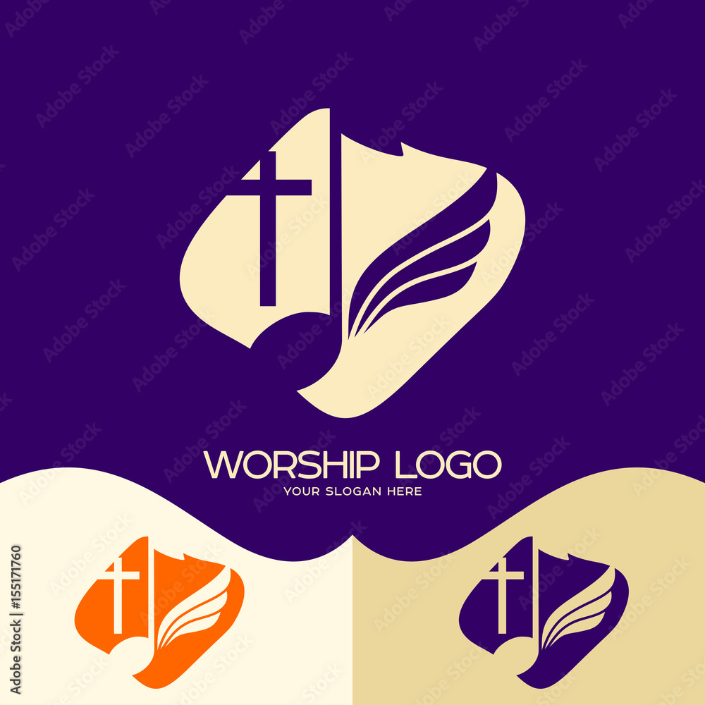 Worship logo. Cristian symbols. Cross of Jesus, musical note and wing ...