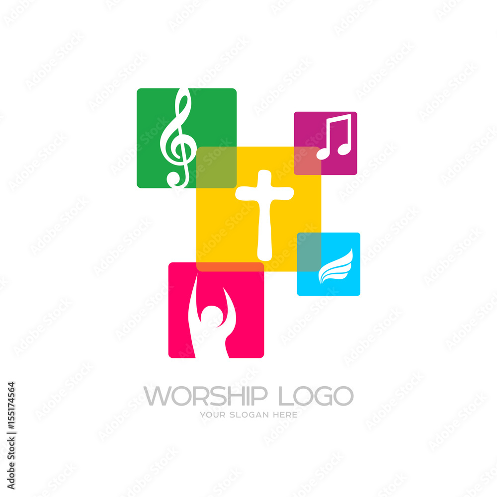 Worship logo. Cristian symbols. The cross of Jesus, musical notes and ...