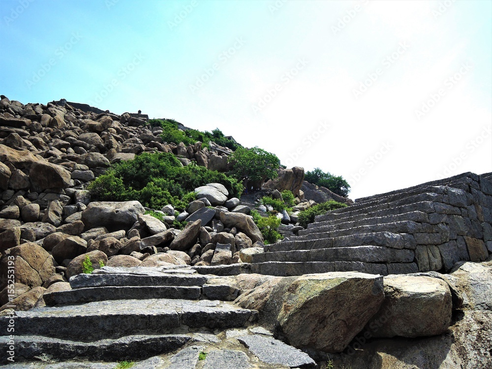 Old stone stairway steps in ruins of Gingee Fort (built on rocks) in ...