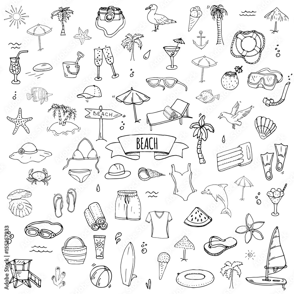 Hand drawn doodle Beach set icons Vector illustration Sketchy summer ...