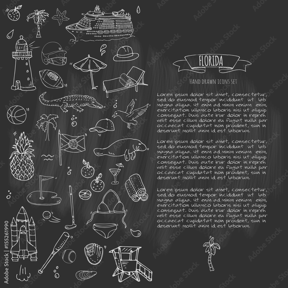 Hand drawn doodle Florida icons set. Vector illustration, isolated ...