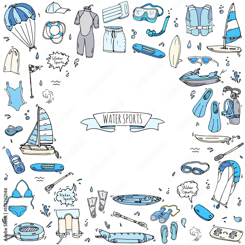 Hand drawn doodle Water sports icons set. Vector illustration, isolated ...