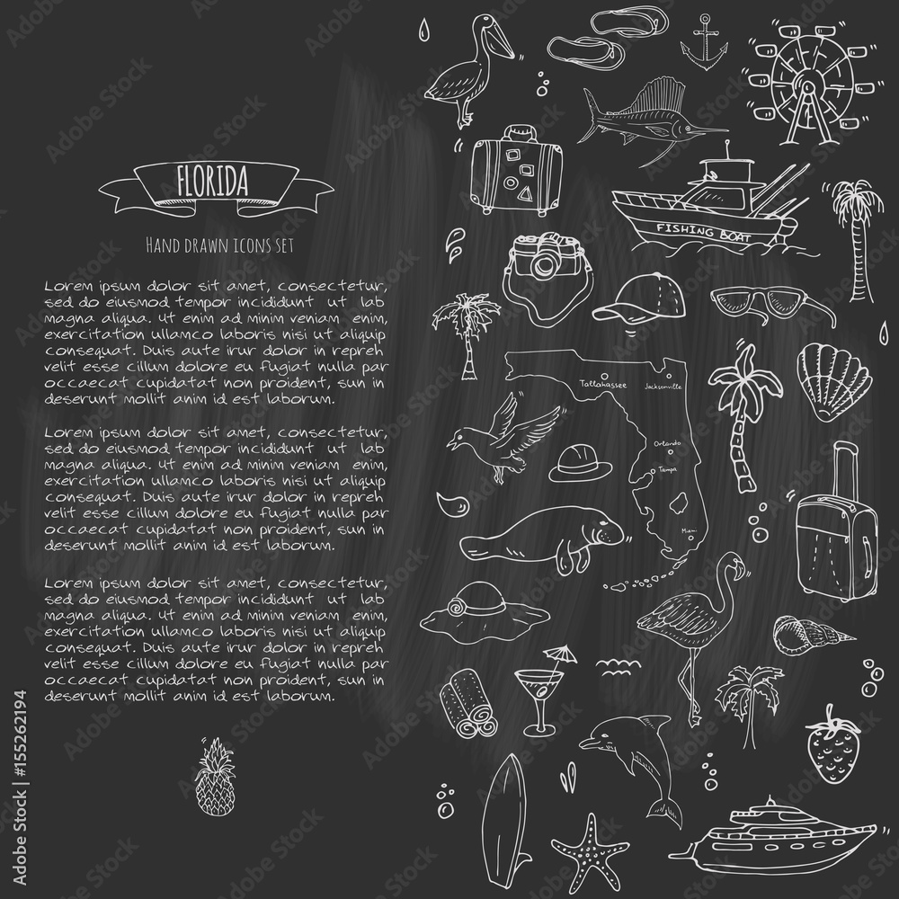 Hand drawn doodle Florida icons set. Vector illustration, isolated ...