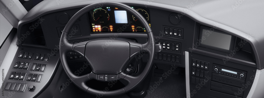 steering wheel and dashboard in a bus Stock Photo | Adobe Stock