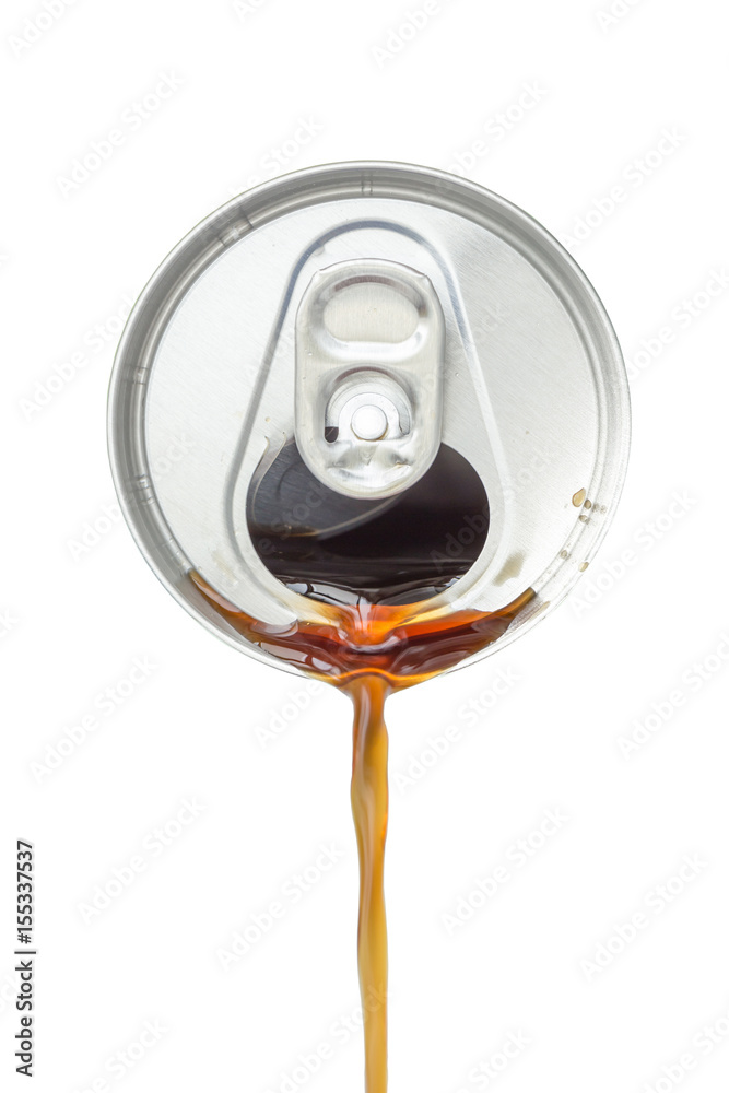 Top view of cola beverage flowing from the aluminum beverage can on ...