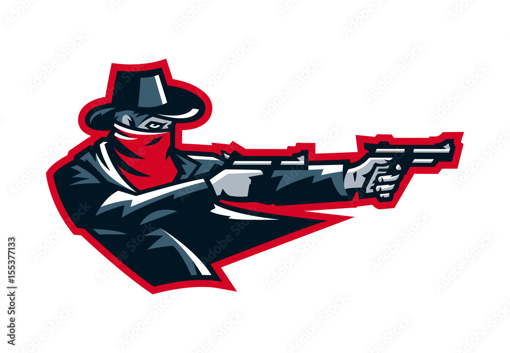 Logo cowboy shooting from a revolver. Wild west, bandits, sheriff ...