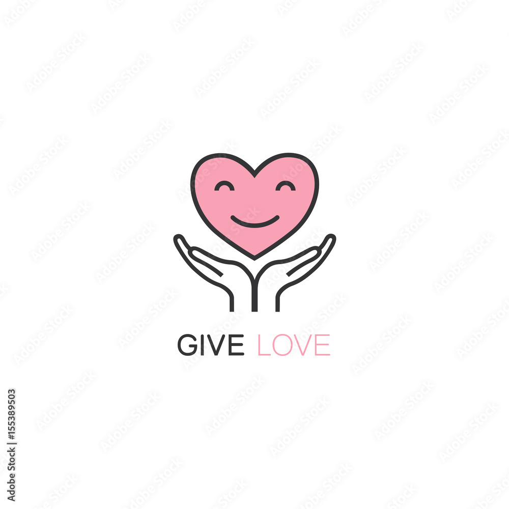 Vector logo design template in linear style - smiling heart in hands ...