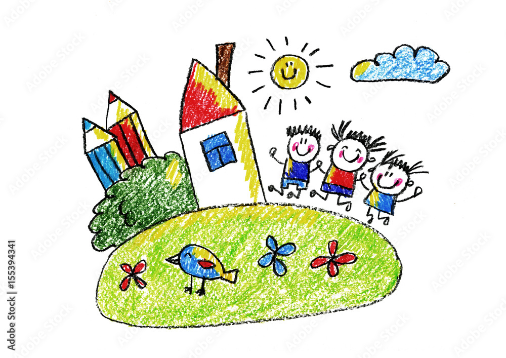 Kids drawing Happy boys and girls Kindergarten or school image Crayon ...