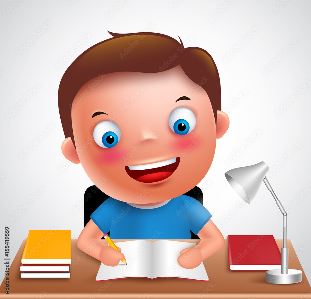 Boy kid vector character happy studying and doing school homework in ...