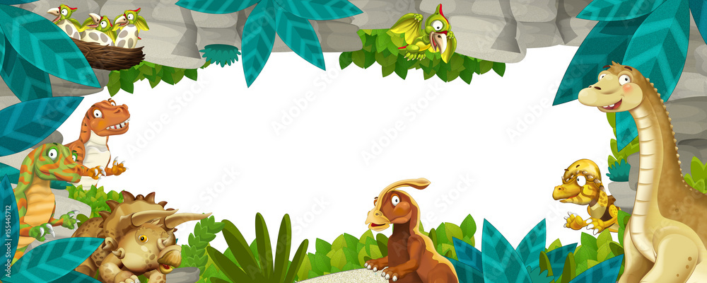 cartoon prehistoric nature frame with dinosaurs - illustration for ...