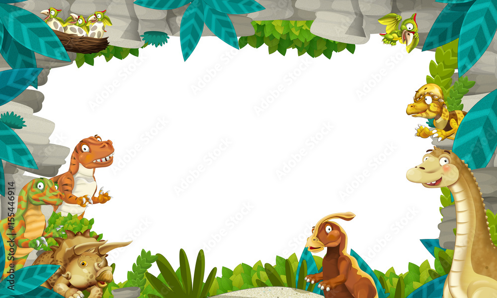 cartoon prehistoric nature frame with dinosaurs - illustration for ...