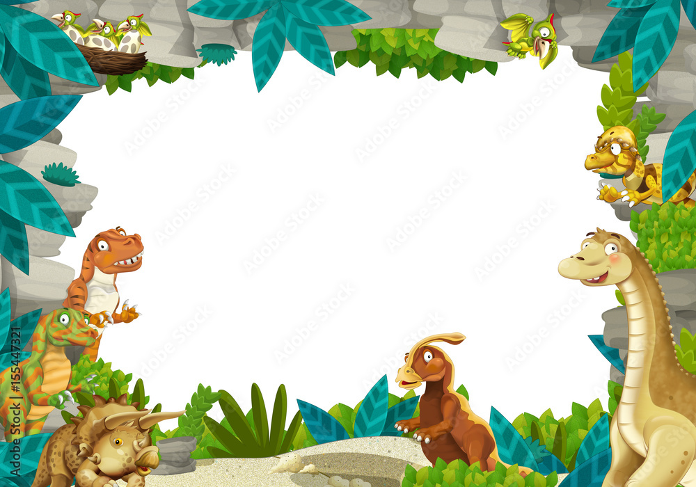 cartoon prehistoric nature frame with dinosaurs - illustration for ...
