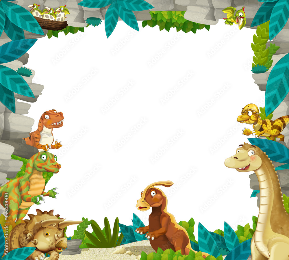 cartoon prehistoric nature frame with dinosaurs - illustration for ...