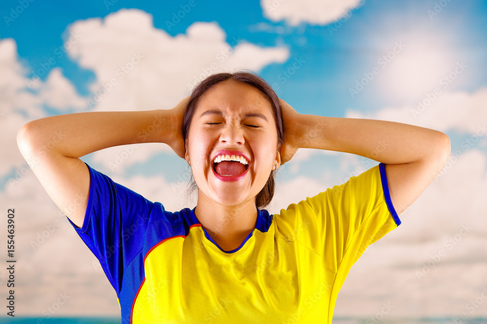 Young ecuadorian woman wearing official Marathon football shirt ...