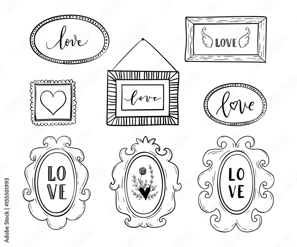 Love greeting cards, posters set with hand drawn frames,borders, hearts ...