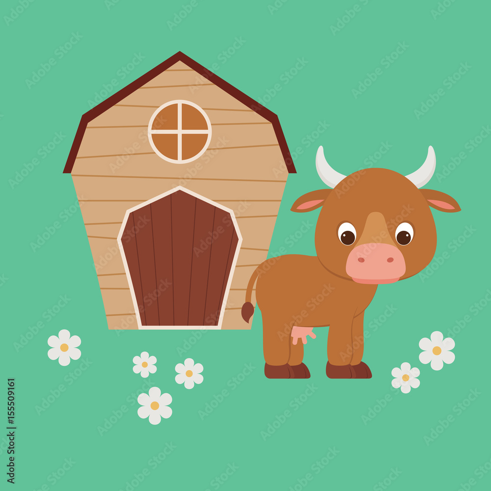 Cute cartoon cow staying in front of barn Stock Vector | Adobe Stock