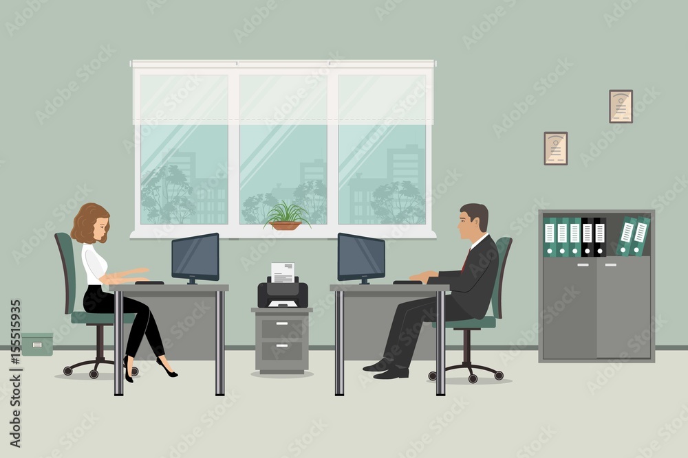 Web banner of two office workers. The young woman and man are an ...