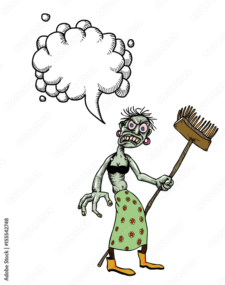 Cartoon image of undead monster lady cleaning. An artistic freehand ...