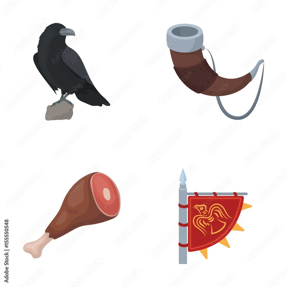 Sitting crow, horn with drink, ham, victory flag. Vikings set ...