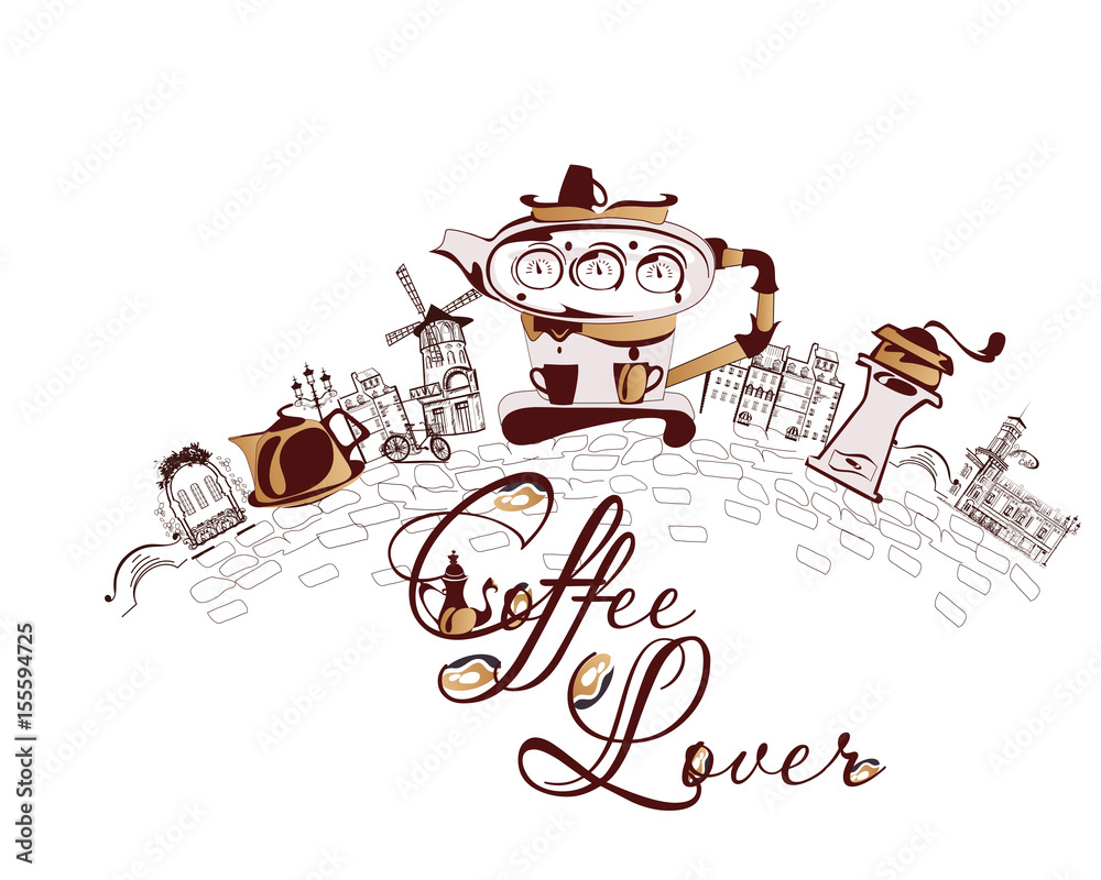 Cafe border with a coffee machine and retro houses, design for a coffee ...