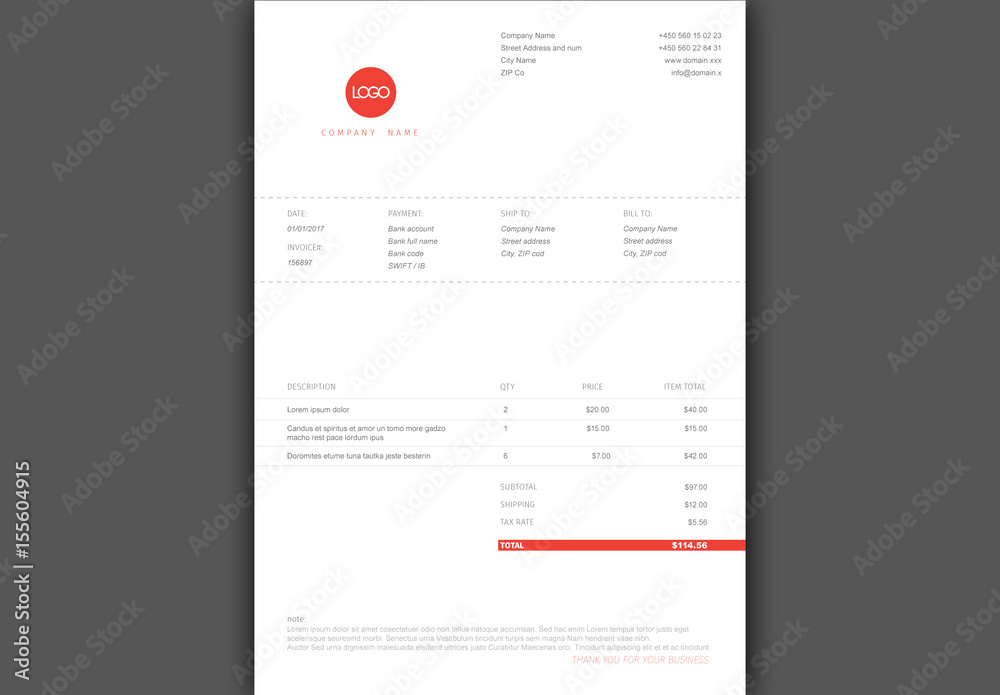 Red and White Invoice Layout Stock Template | Adobe Stock