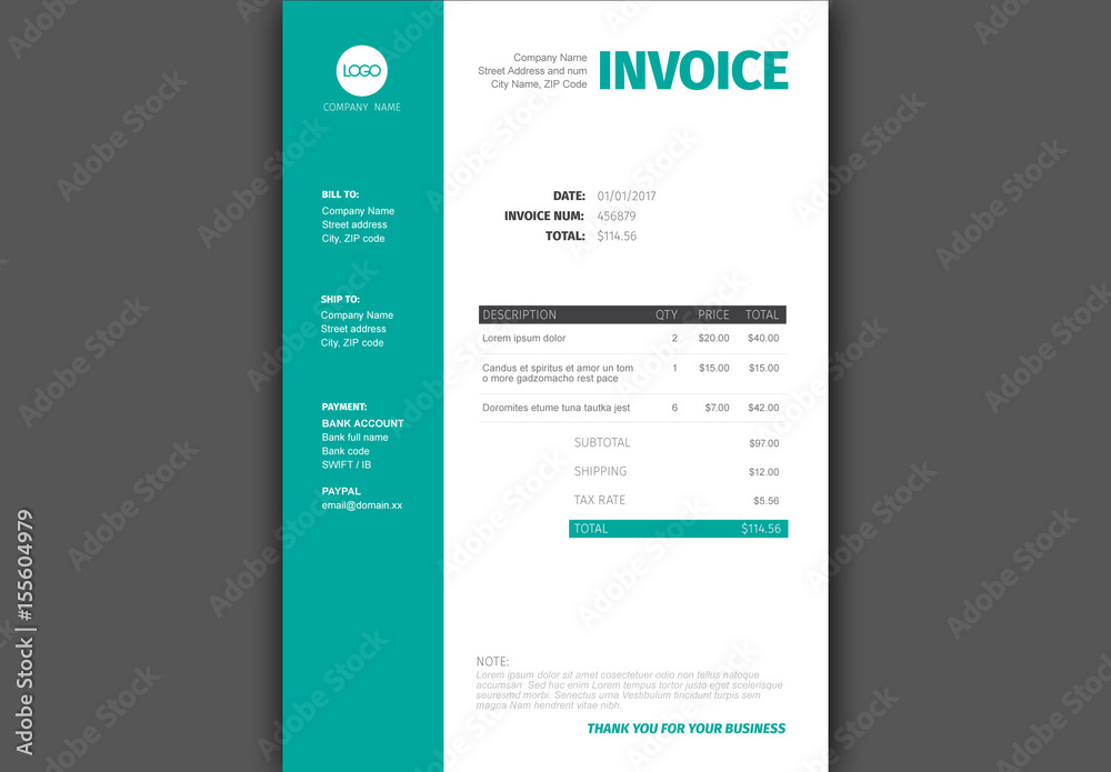 Teal and White Invoice Layout Stock Template | Adobe Stock