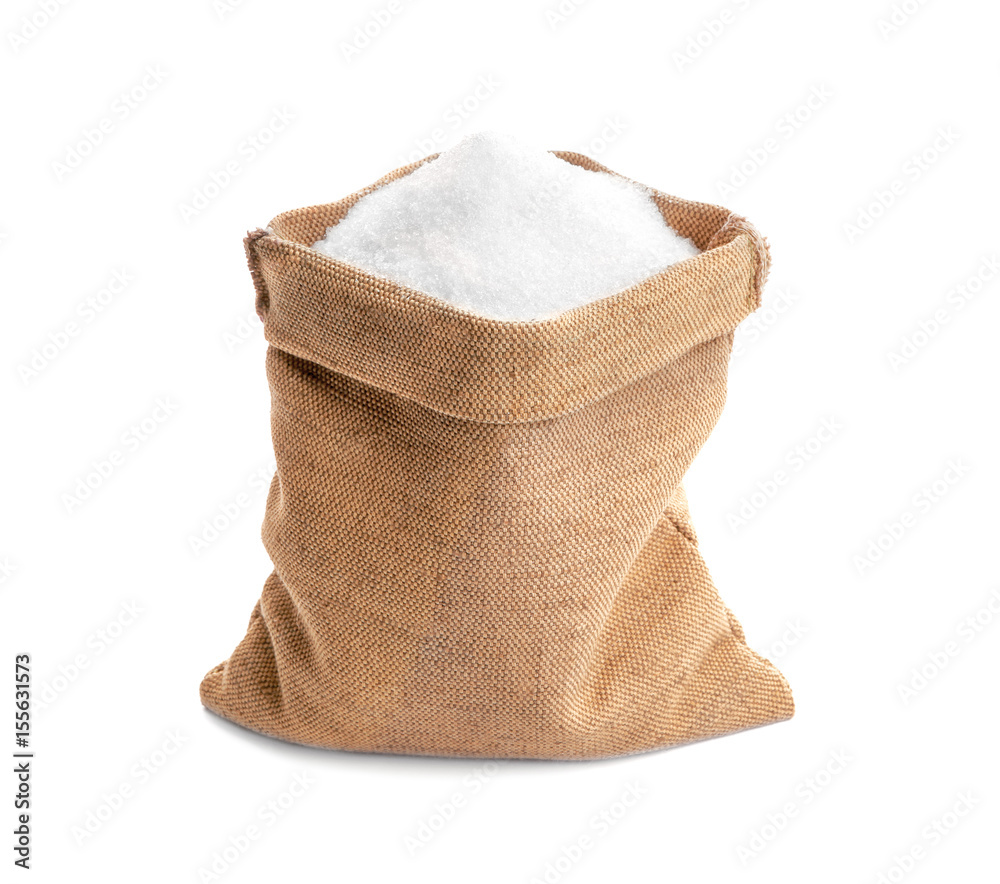 Sugar in sackcloth bag on white background Stock Photo | Adobe Stock