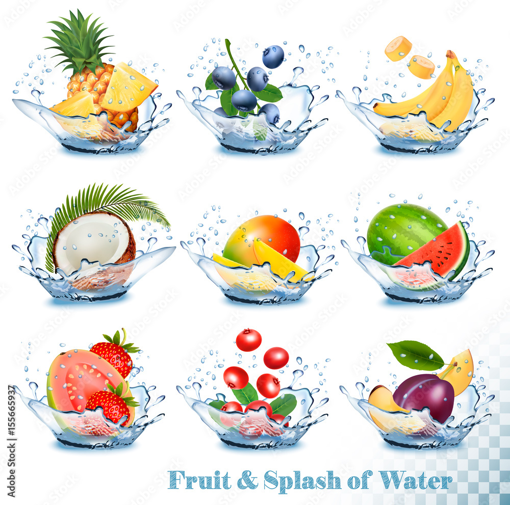 Big collection of fruit in a water splash. Pineapple, mango, banana ...