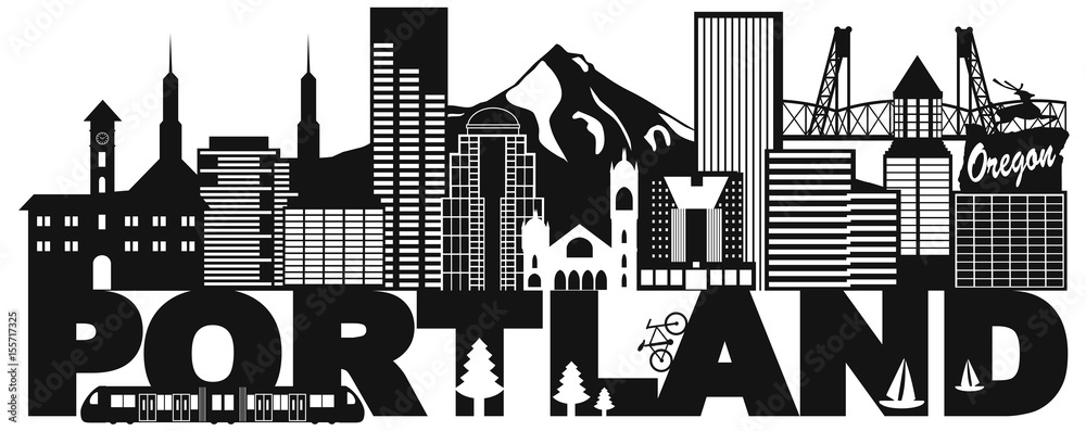 Portland Oregon Skyline and Text Black and White vector Illustration ...