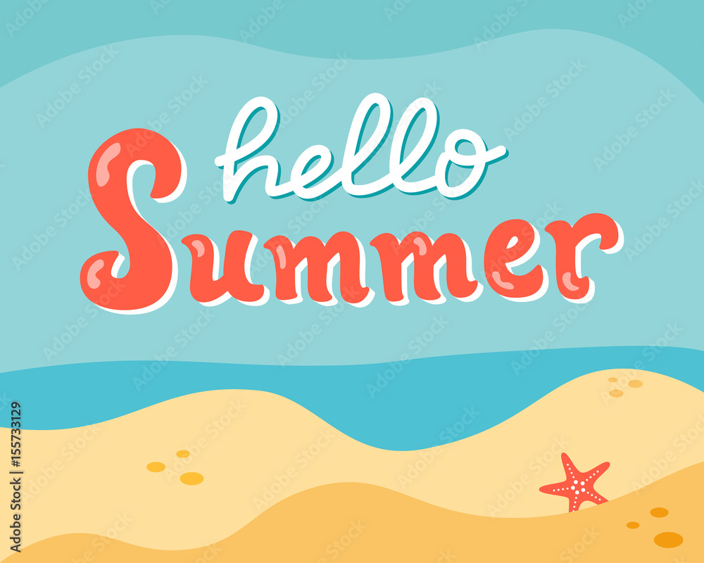 Hello summer hand lettering on the beach. Vector illustration. Stock ...