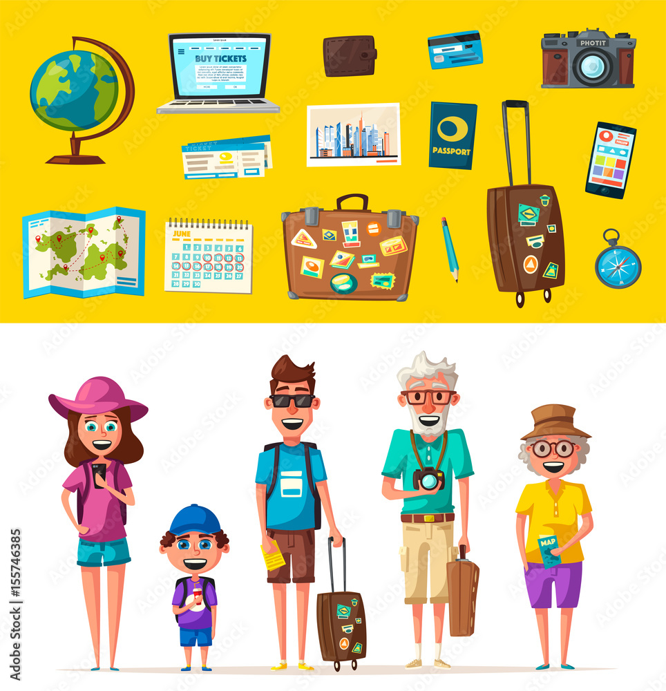 Happy family in travel. Journey of parents and child. Cartoon vector ...