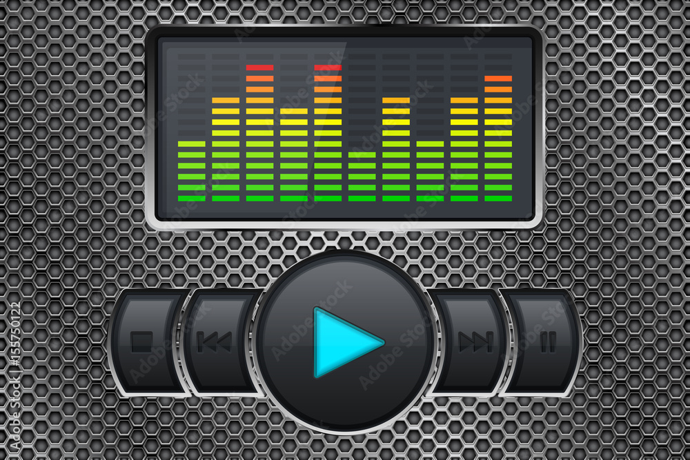 Music player control panel interface on metal perforated background ...
