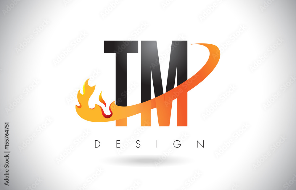 TM T M Letter Logo with Fire Flames Design and Orange Swoosh. Stock ...