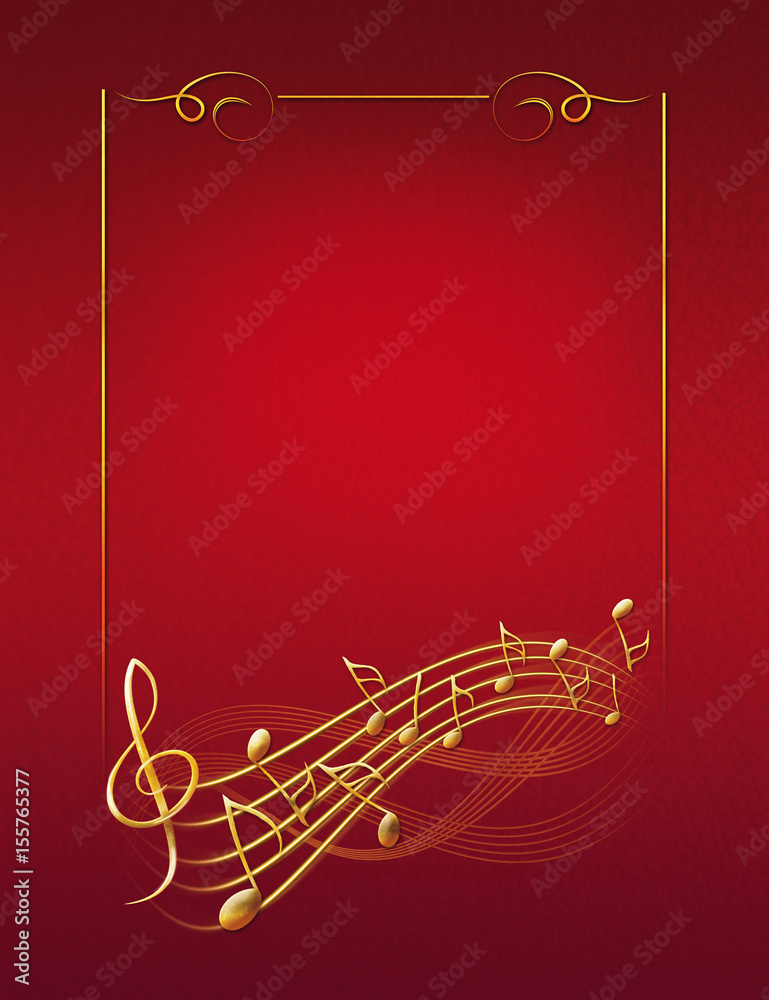 red musical background with gold frame notes and treble clef Stock ...