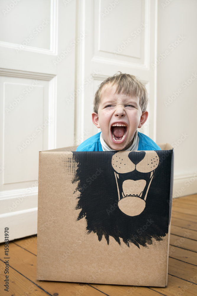 Roaring boy inside a cardboard box painted with a lion Stock Photo ...