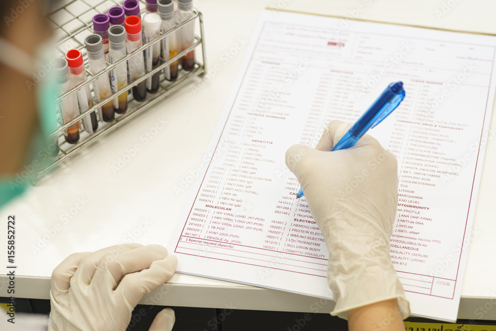 Poster scientist record result of blood inspection in report form ...
