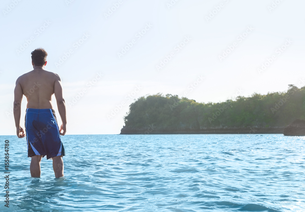 Man Beach Summer Vacation, Young Guy Stand In Water Back Rear View Sea ...