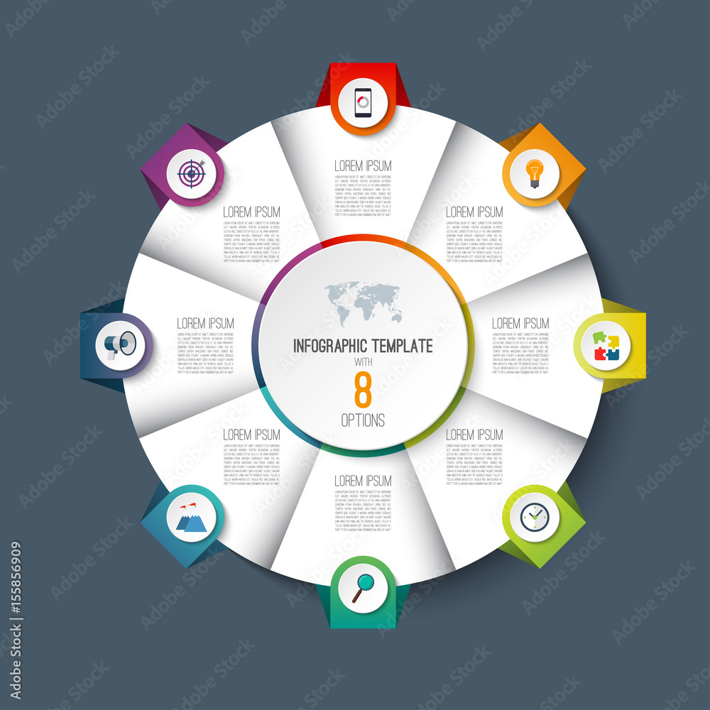 Infographic pie chart circle template with 8 options. Can be used as ...