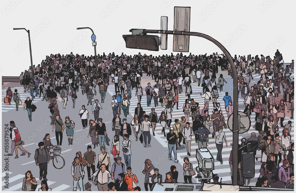 Stylized illustration of busy street crossing with mixed ethnic crowd ...