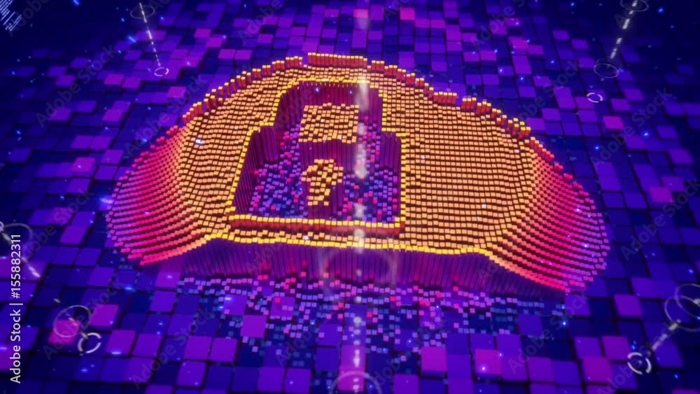 Camera flies over cubic pixels as they form an icon of secure cloud ...