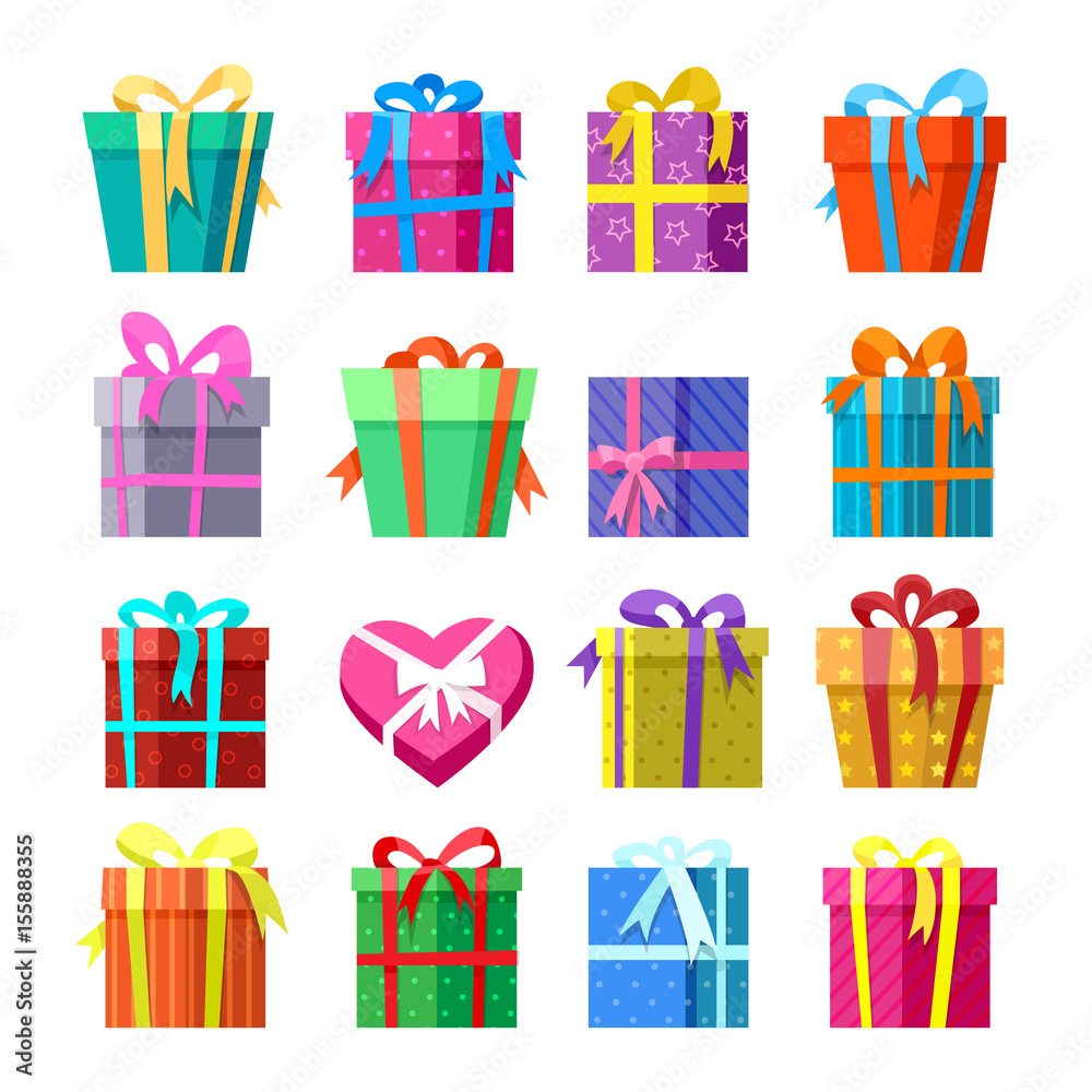 Present pack icon set. Gifts or presents boxes vector illustration for ...