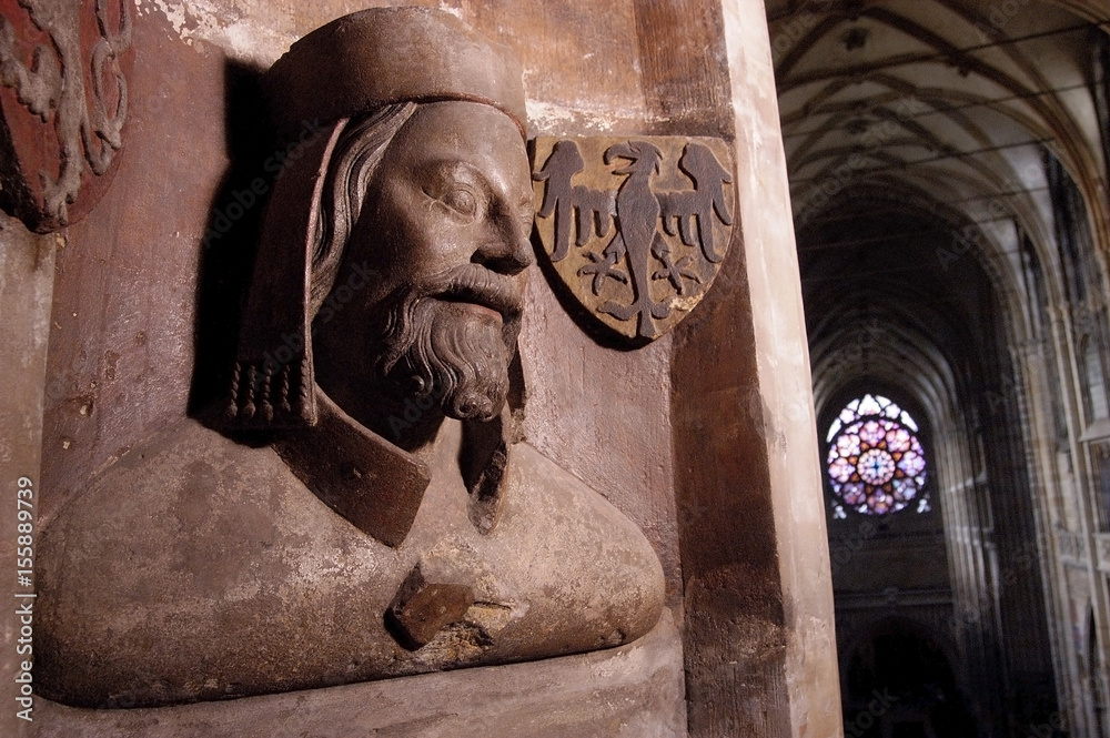Interior of St Vitus Cathedral Hradcany Castle. Bust of king of Bohemia ...