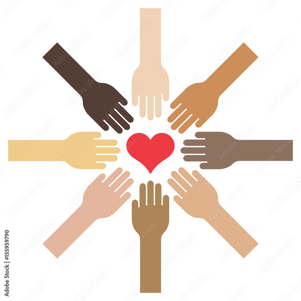 Extended hands with different skin tones towards a centered heart ...