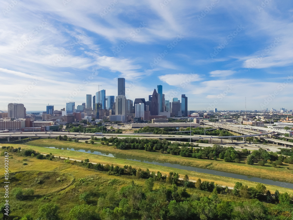 Aerial view Downtown with Interstate 10, 45 and Gulf freeway ...